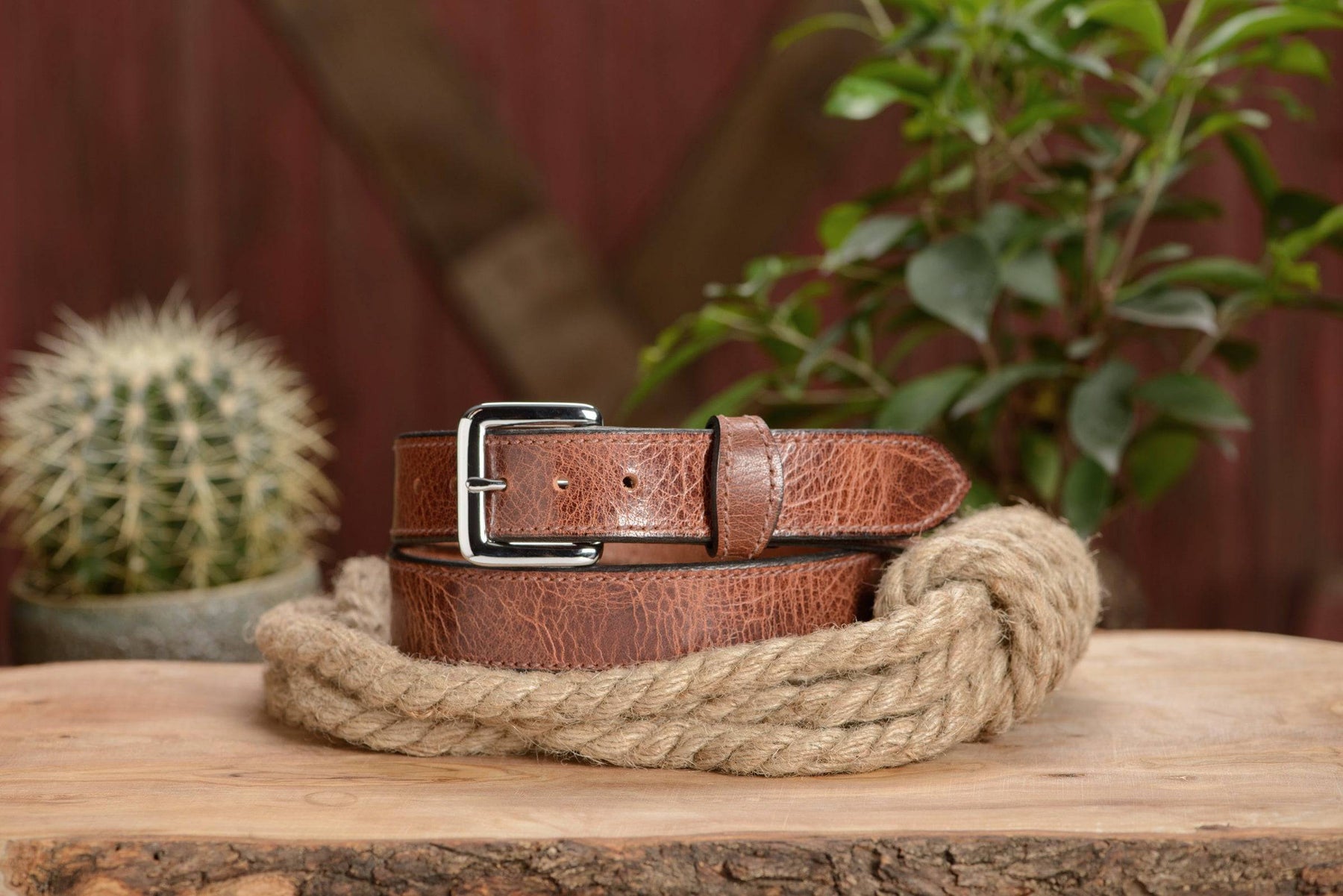 Men's Rustic Brown Stitched Water Buffalo Leather Belt - The Lakota ...